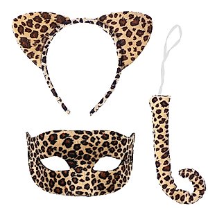 Halloween Cat Cosplay Accessories Set Cat Ear Headband with leopard print Masquerade mask for Women Halloween Cat Costume accessory for Women Party Costume