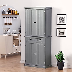 Yusong 72'' Tall Kitchen Pantry Cabinet, Farmhouse Storage Cabinet with 4 Doors, Drawer and Adjustable Shelf, Freestanding Wooden Cupboard Buffet for Dining Room Living Room, Grey