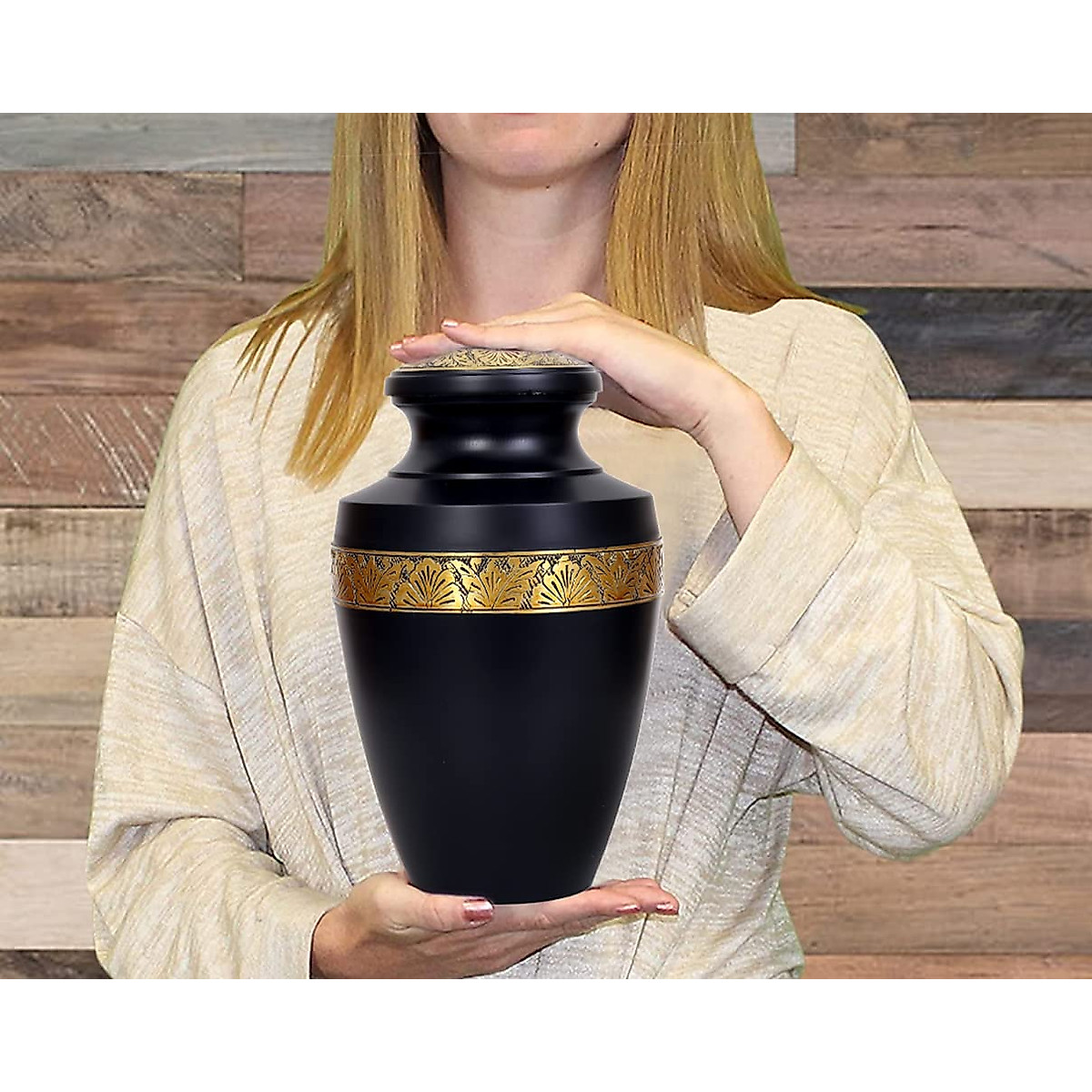 hlc URNS – Black & golden Cremation Urn for Human Ashes - Adult Funeral Urn Handcrafted - Affordable Urn for Ashes (Adult (200 lbs) – 10.5 x 6 “, Lovely Cremation Urn)