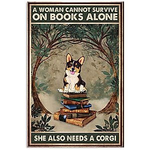 QKIODS Love Tricolor Corgi and Books Retro Metal Tin Signs Vintage Aluminum Sign For Home Room Metal Decor 8x12 Inch