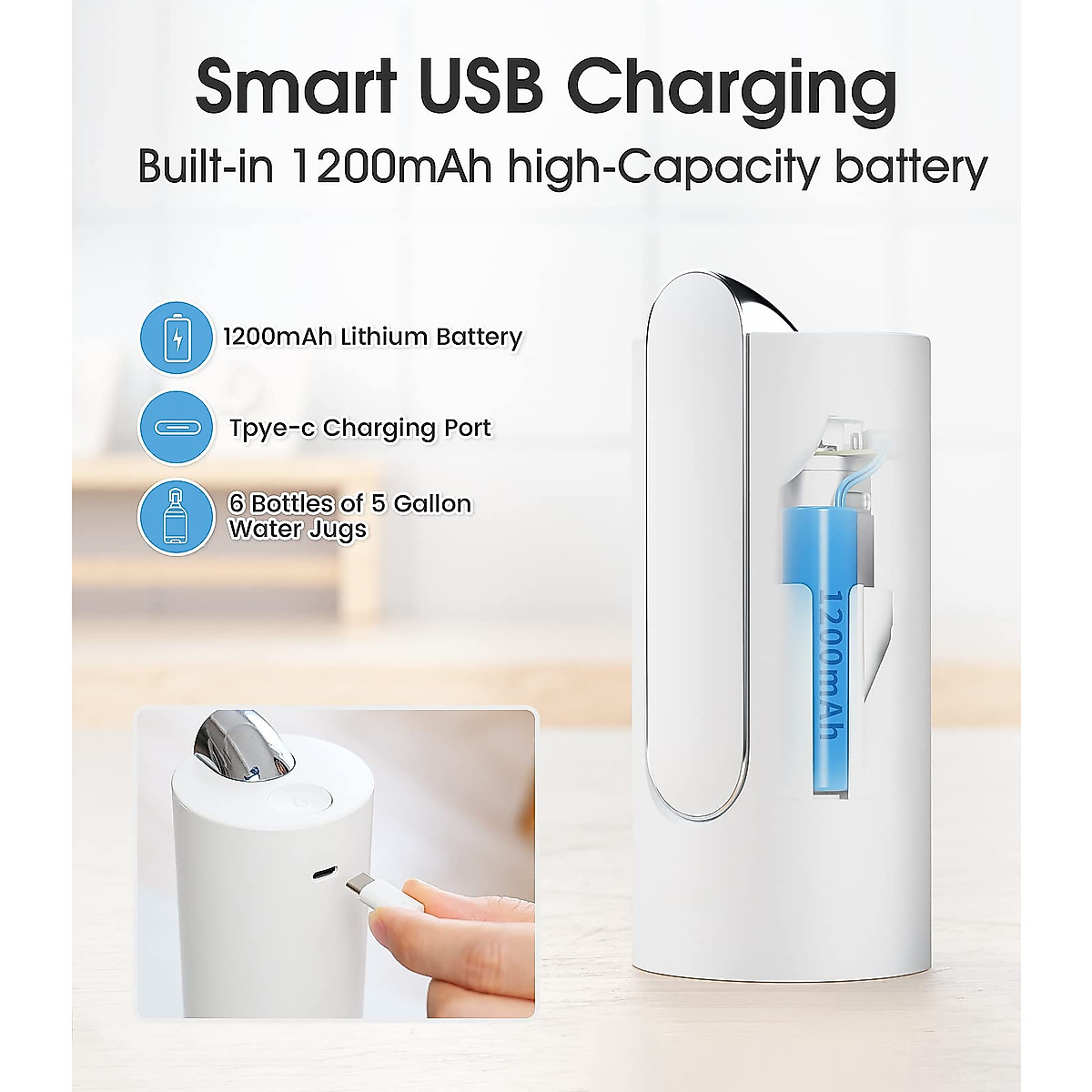 Portable Water Dispenser, 5 Gallon Water Bottle Pump,USB Charging Automatic Drinking Water Pump with Foldable Water Outlet,Portable Water Jug Switch for Home Kitchen Office Camping