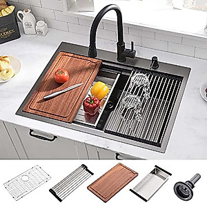 25 Black Drop In Kitchen Sink Workstation-Wesliv 25x22x10 Topmount Drop In Kitchen Sink Black Stainless Steel Sink Double Ledges Workstation Sink 16 Gauge Single Basin Kitchen Sink with Accessories