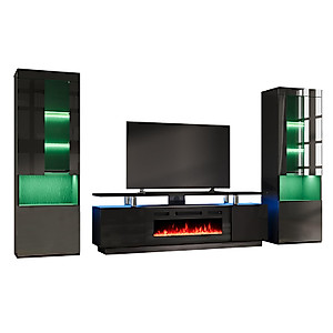 AMERLIFE Entertainment Center with Fireplace and Bookcases, Includes 70" 2-Tier Fireplace TV Stand with 36" Fireplace, 2 x Modern High Gloss Bookshelves with LED Lights & Glass Doors, Black