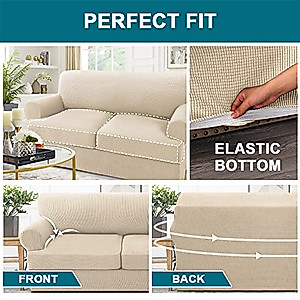 3 Pieces Sofa Covers T Cushion Sofa Slipcovers for 2 Cushion Couch Stretch Couch Cover Soft Sofa Slip Cover Furniture Covers with 2 Individual T Cushion Seat Covers (2 Cushion Sofa, Biscotti Beige)