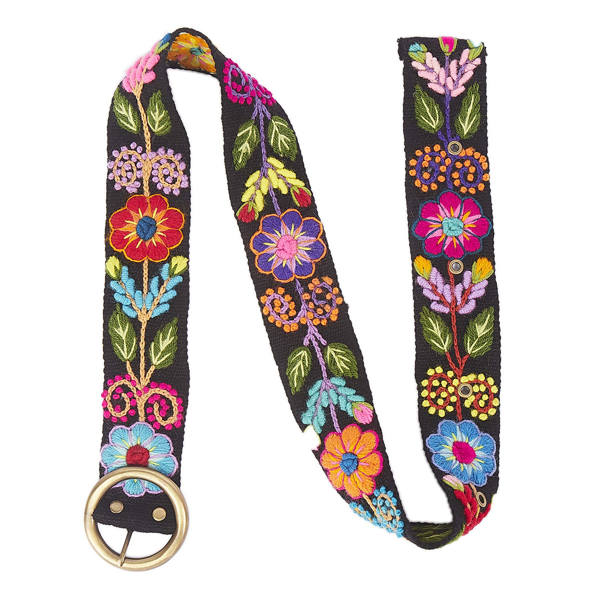 RAYMIS Womens Alpaca Wool Handmade Belt with Colorful Embroidered Flowers (Black)