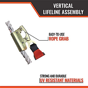 Malta Dynamics 25’ Vertical Lifeline Assembly, 3 Strand Fall Rope, with Shock Absorber, Positioning Device and 18” Extension Lanyard, Fall Protection for Roof Safety - OSHA/ANSI Compliant