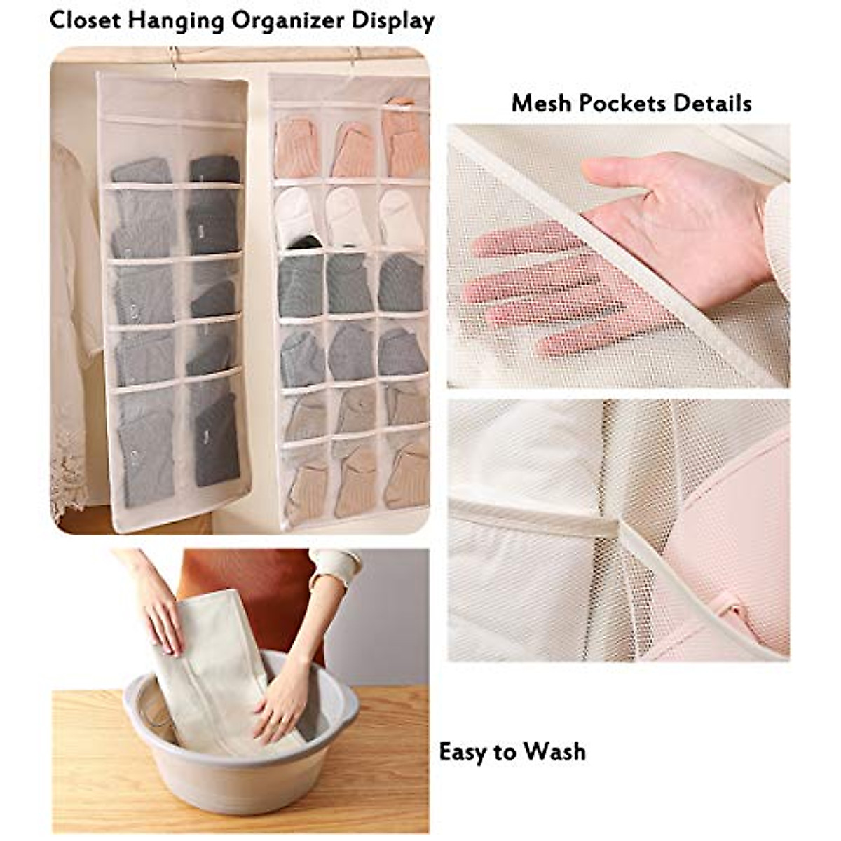Home Closet Hanging Organizer Mesh Pockets Dual Sided Wall Shelf Wardrobe Storage Bags for Bra Underwear Socks Jewelry Gadget Included 2 Hooks 2 Clothes Hanger Connector Hooks (Beige, 30 Pocktes)