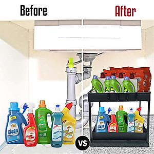 2 levels Under Sink Organizer, Under Sink Organizers with Sliders & Hooks, Our Bathroom Organization Comes with Sink Splash Guard, Black Kitchen Sink Organizer, Under Sink Organizers And Storage