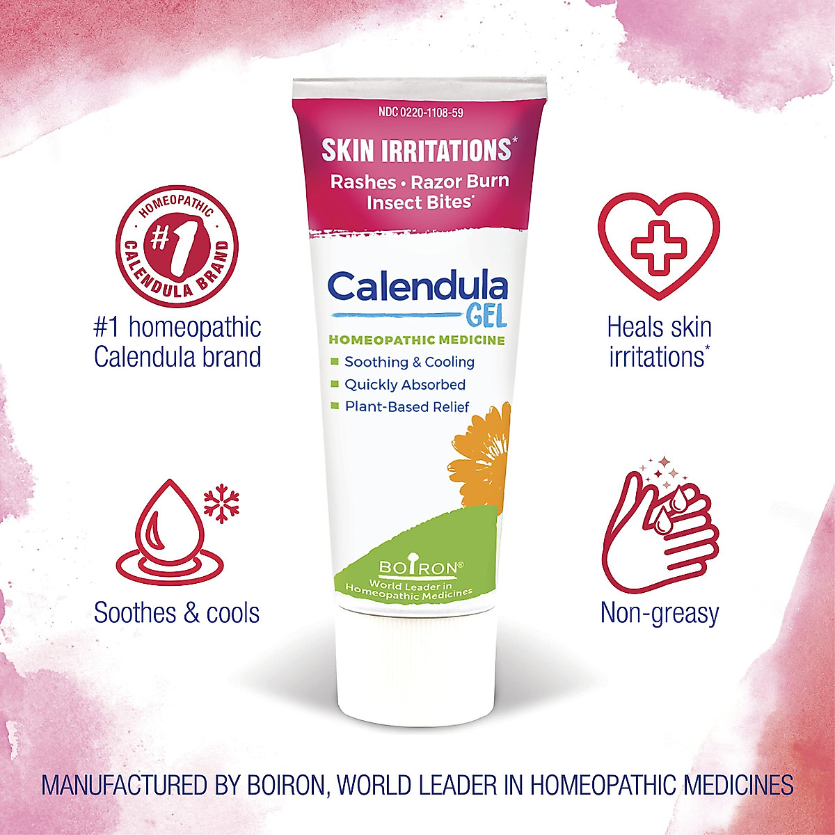 Boiron Calendula Gel Relief from Rashes, Skin Irritations, Razor Burn, Insect Bites, or Sunburns - Non-Greasy and Fragrance-Free - 2.6 oz