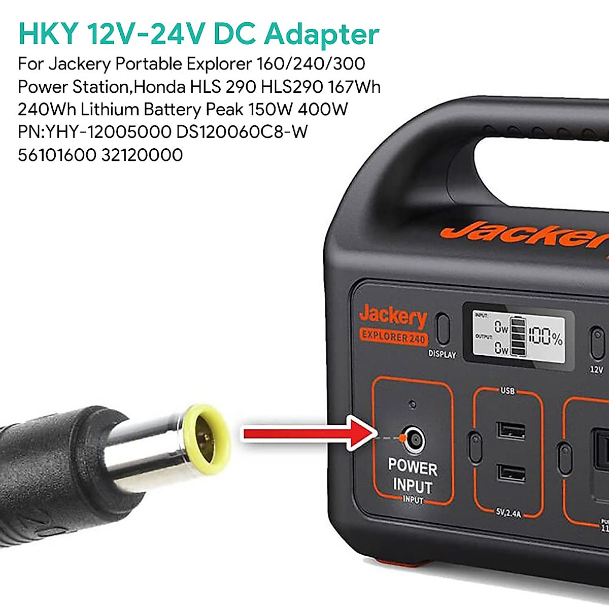 HKY DC Adapter Compatible with Jackery Portable Power Station Explorer 500 300 240 160 E160 E240 Honda HLS 290 HLS290 167Wh 240Wh Battery YHY-12005000 DS120060C8-W 32120000 56101600 Cigarette Lighter
