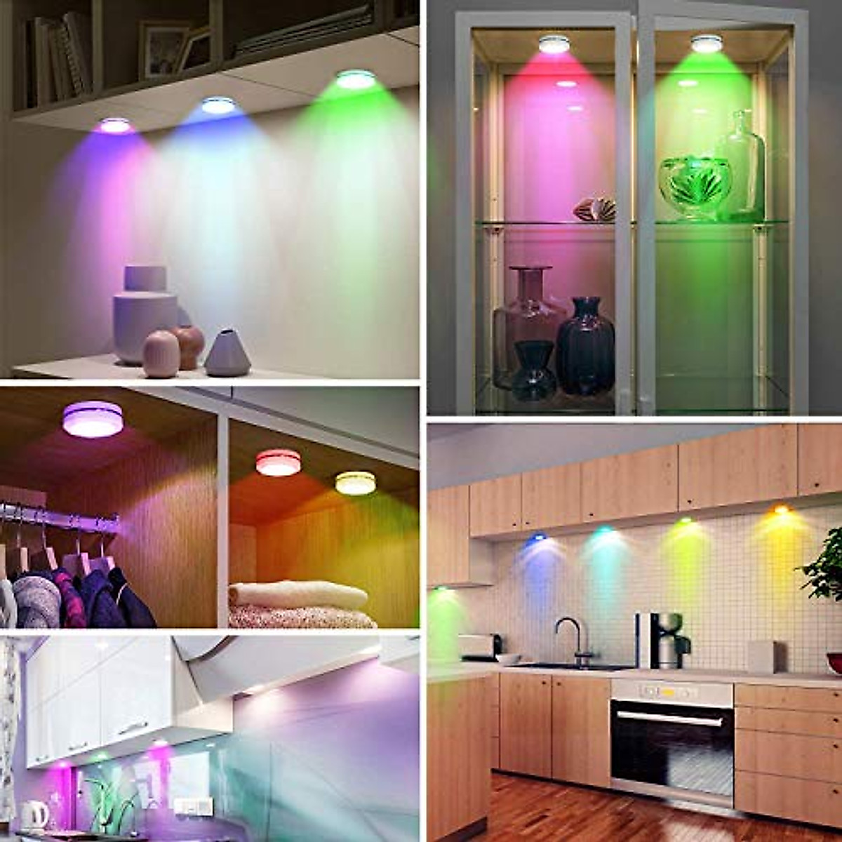 GANA Puck Lights with Remote Control, Under Cabinet Lighting LED Closet Lights - Battery Powered Operated Timer Function Wireless Color Changing Dimmable 16 Colors and 4 Modes Battery Lights (6 Pack)