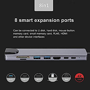 Ranvo USB Type C Hub, Multiport 1080P HD Displayport Hub Aluminum Alloy 8 in 1 for USB 2.0 Memory Card for Type C Female Connector