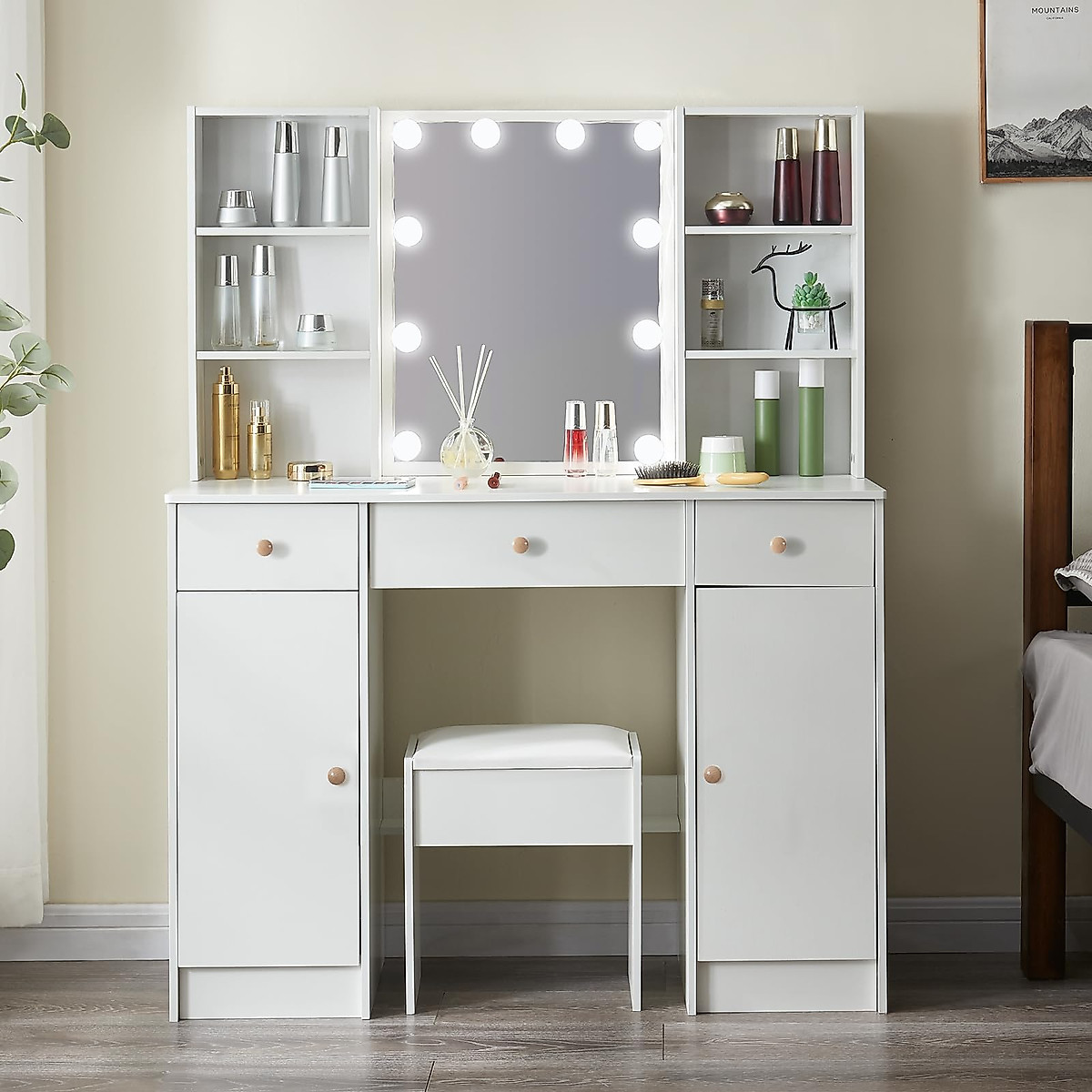 JBLCC Makeup Vanity Desk with Lights Mirror, Large Vanity Desk with Storage Shelf & Drawers,Makeup Vanity Dressing Table with Cushioned Stool for Bedroom (jbl 3072)