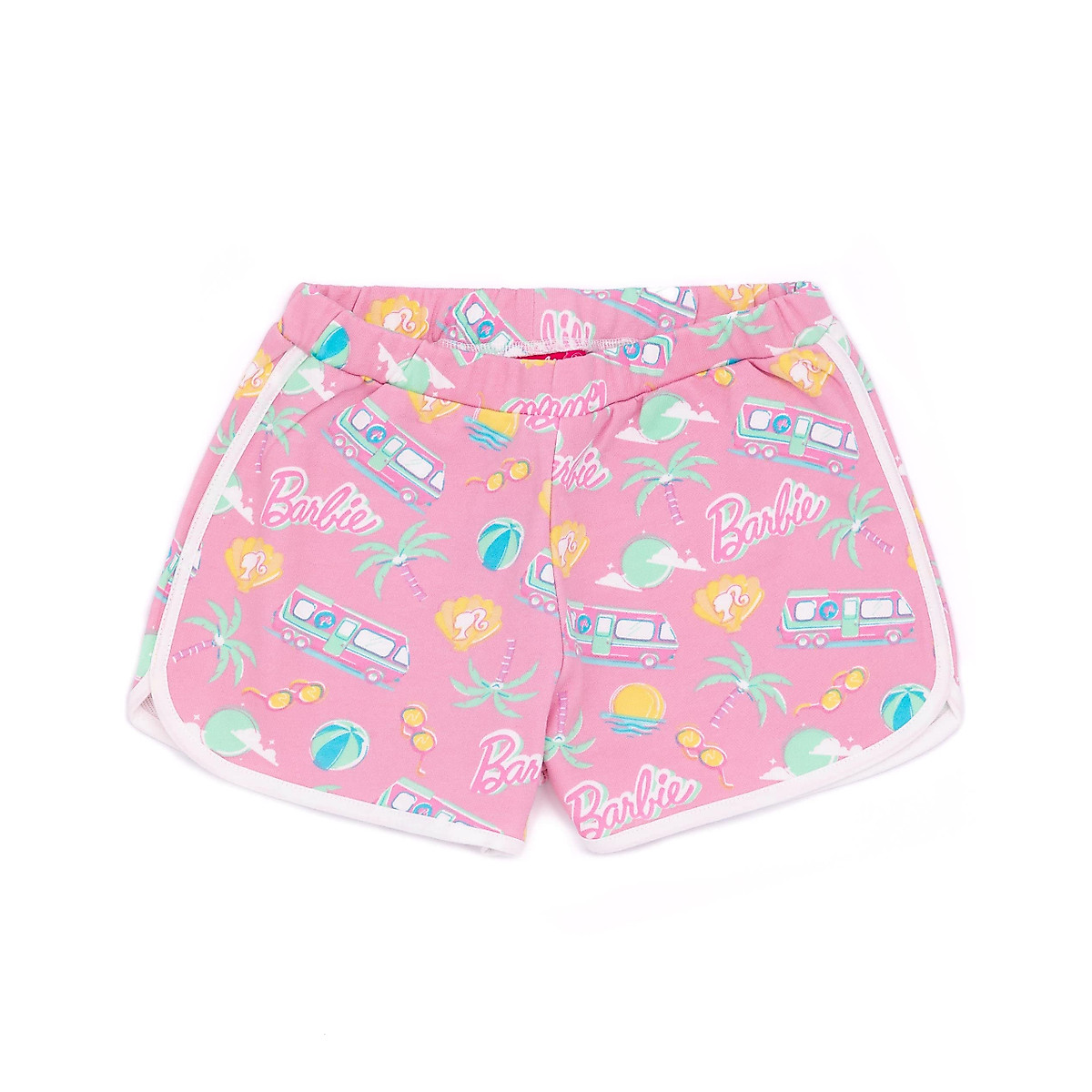 Barbie Girls 2 Piece Co-Ord | Kids Pink All Over Print Vest & Shorts Set | Palm Trees Sunglasses Summer Holiday Beach Daywear