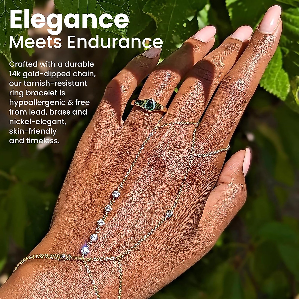 Faire de la Mode 5 CZ Diamond Gold Bracelet Ring Hand Chain for 4-9 Ring Sizes – Non-Tarnish 14k Gold Hand Chain Bracelet for Women – 6" to 8" Adjustable Length