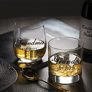 axqania Grandpa Grandma Wine Glass Set - 2023 11 oz Whiskey Glass Gift Set, Announcement Whiskey Glass Set Promoted to Grandma & Grandpa