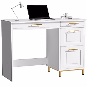 4 EVER WINNER White Desk with Drawers, 43” Home Office Small Desk with Drawers, Gold Hardware for Small Space, White and Gold Desk Writing Study Table for Bedroom