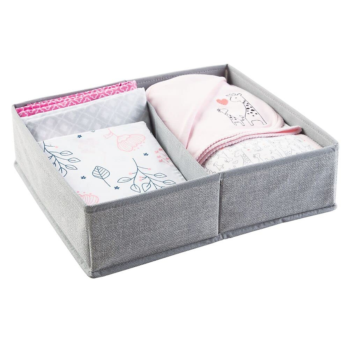 mDesign Soft Fabric Dresser Drawer and Closet Storage Organizer Bin for Child/Kids Room, Nursery, Playroom - Divided 2 Section Tray - Textured Print, 2 Pack - Gray