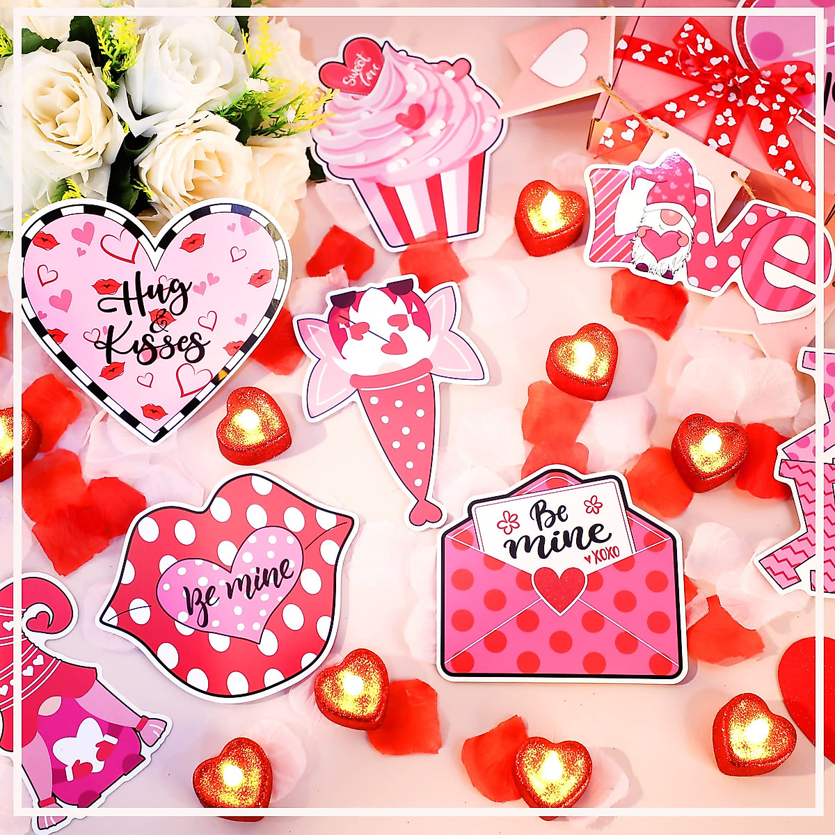 69 Pieces Valentine's Day Cutouts Romantic Gnome Heart Cutouts with 100 Pieces Glue Point Dots Valentines Day Bulletin Board Decorations Valentine Cardboard Paper Cutting for Classroom Decoration