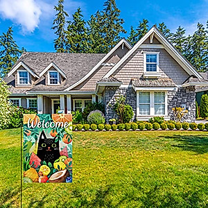 Dyrenson Welcome Summer Black Cat Lemon Watermelon Tropical Decorative Garden Flag, Yard Outside Decoration Outdoor Small Decor 12x18