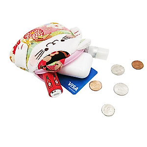 [BAR AUTOTECH] Zipper Maneki Neko lucky cat coin purse- Chirimen Kimono Print Style kawaii Cat Coin Wallet Holder for Coin Money Credit cards (Pink)
