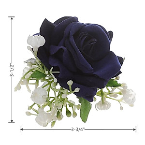 Corsage and Boutonniere Set,2PCS Artificial Rose Wrist Corsage Wristlet,for Wedding Bridal Bridesmaid Wrist Corsage Corsage Ball Decoration (Dark Blue)