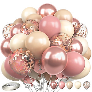 Blush Pink Balloons, 60 Pcs 12 Inch Dusty Pink Rose Gold Balloon Metallic Confetti Rose Gold Cream Nude Balloon for Girls Boho Birthday Wedding Decorations Supplies Bridal Baby Shower