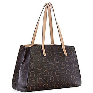 GUESS Women's Elsa Logo Print Satchel Crossbody Bag Handbag - Natural/Brown