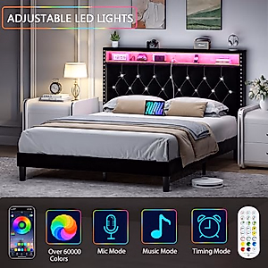 HOMBCK Queen Size Bed Frame with Led Lights, Storage Shelf Headboard, Black Velvet Upholstered, No Box Spring Needed, Noise-Free