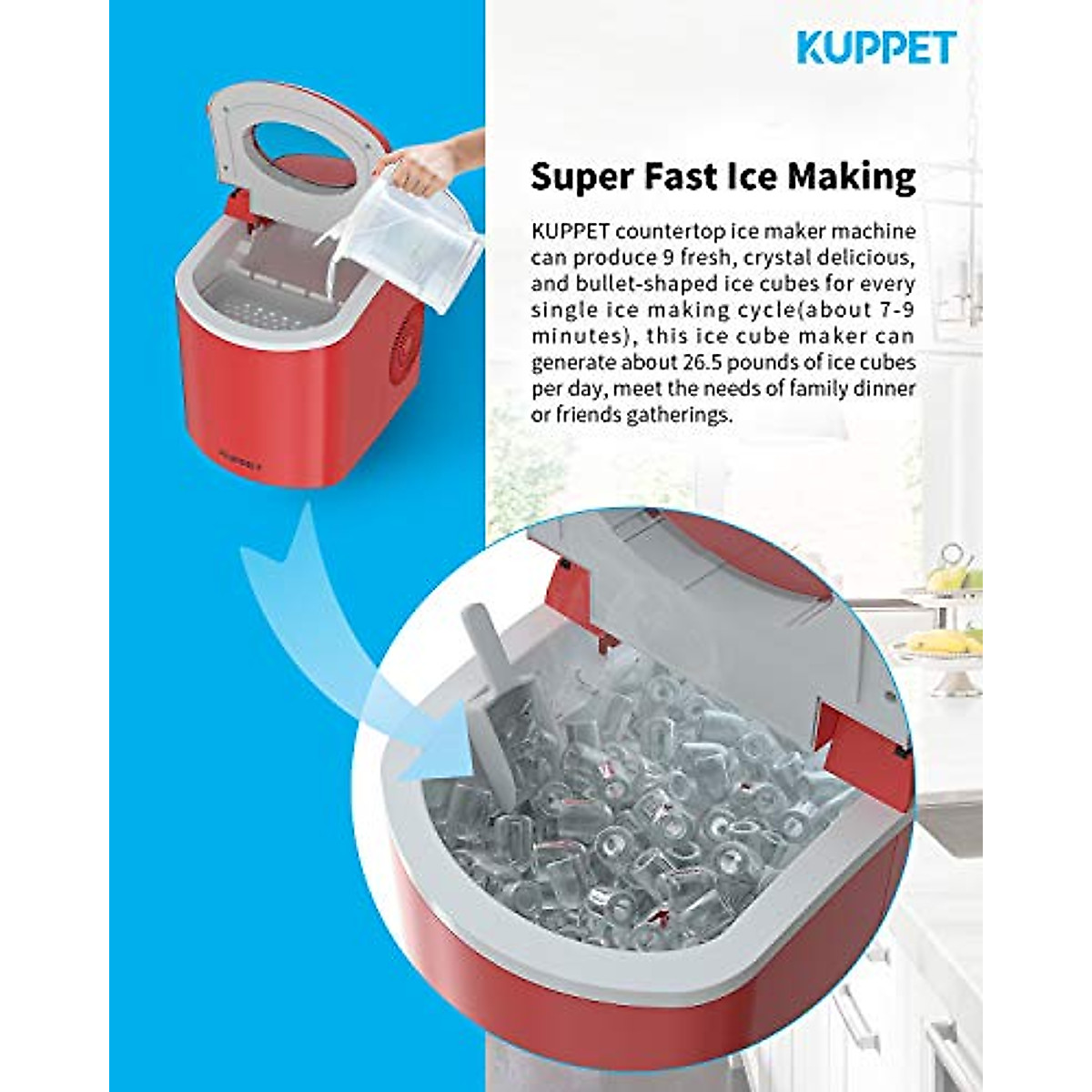 KUPPET Portable Ice Maker Machine for Countertop with LED Display Self-Cleaning Electric Ice Maker with Scoop and Basket, 9 Ice Cubes Ready in 6 mins, 26 lbs Ice in 24 hrs(Red)