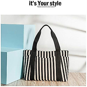 YHSHYZH Medium Tote Handbag Black & White Striped Daily Satchel Shoulder Purses with Multi-Pockets Canvas Vaction Work Tote with Zipper Spring Summer Beach Bag Gifts for Womens (M Black+White)