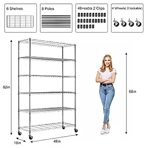 Heavy Duty Storage Shelves Hold 2100LBS Metal Shelves with Wheels Adjustable 6 Tier Wire Shelving Unit NSF Shelving for Closet Kitchen Garage Basement, 82" H x 48" L x 18" D- Chrome