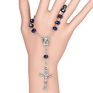 TALISMAN4U Deep Blue Crystal Beads One Decade Auto Rosary Catholic Crucifix Jerusalem Holy Soil Centerpiece