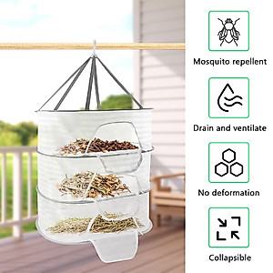 QKDS Herb Drying Rack 3 Layer Hanging Mesh Net, 2pcs/Set Herb Dryer Hanging Rack with Herb Stripper, Foldable Hanging Mesh Dryer for Buds, Fruits, Vegetables, Fish, Clothes, Doll(White)