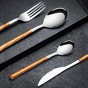 15-Pieces Silverware Set Wooden Handle Flatware Cutlery Set for 3 Forks And Spoons Utensil Sets Forks Silverware Home Essentials for New Home Ergonomic Durable Mirror Polished