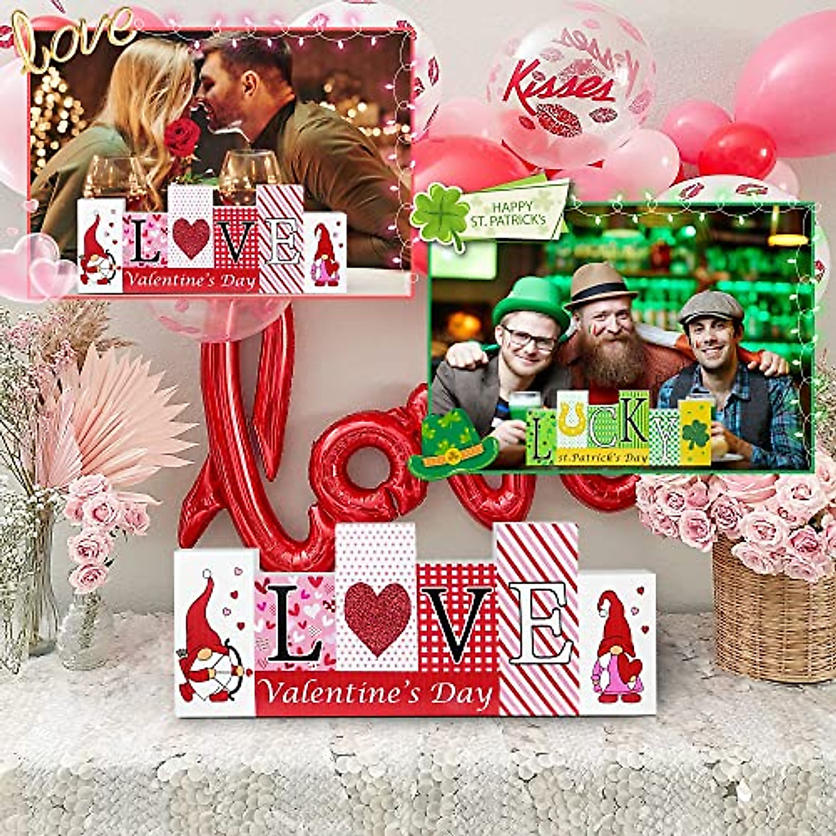 Reversible Valentine's Day/St. Patrick’s Day Decorations Wooden Sign, Double-Sided Valentines & St. Patrick’s Day Theme Farmhouse Table Centerpiece Decor Indoor for Home Mantle Shelf Tiered Tray Decor