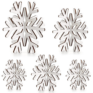 Tuanse Winter Wooden Snowflake Decorations 3D Snowflake Tabletop Decor Farmhouse Standing Table Sign Snowflake Centerpiece for Winter Party Porch Wall Fireplace Tray, White(5 Pieces)