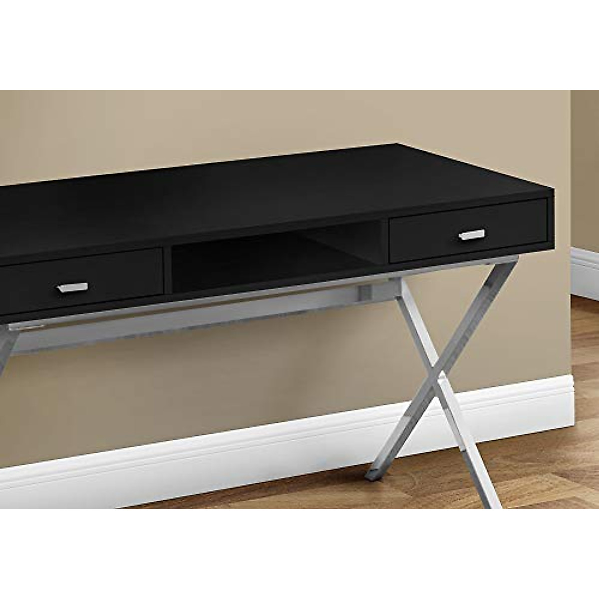 Monarch Specialties Laptop Table with Drawers and Open Shelf Computer, Writing Desk, Metal Sturdy, 48" L, Black/Chrome Legs