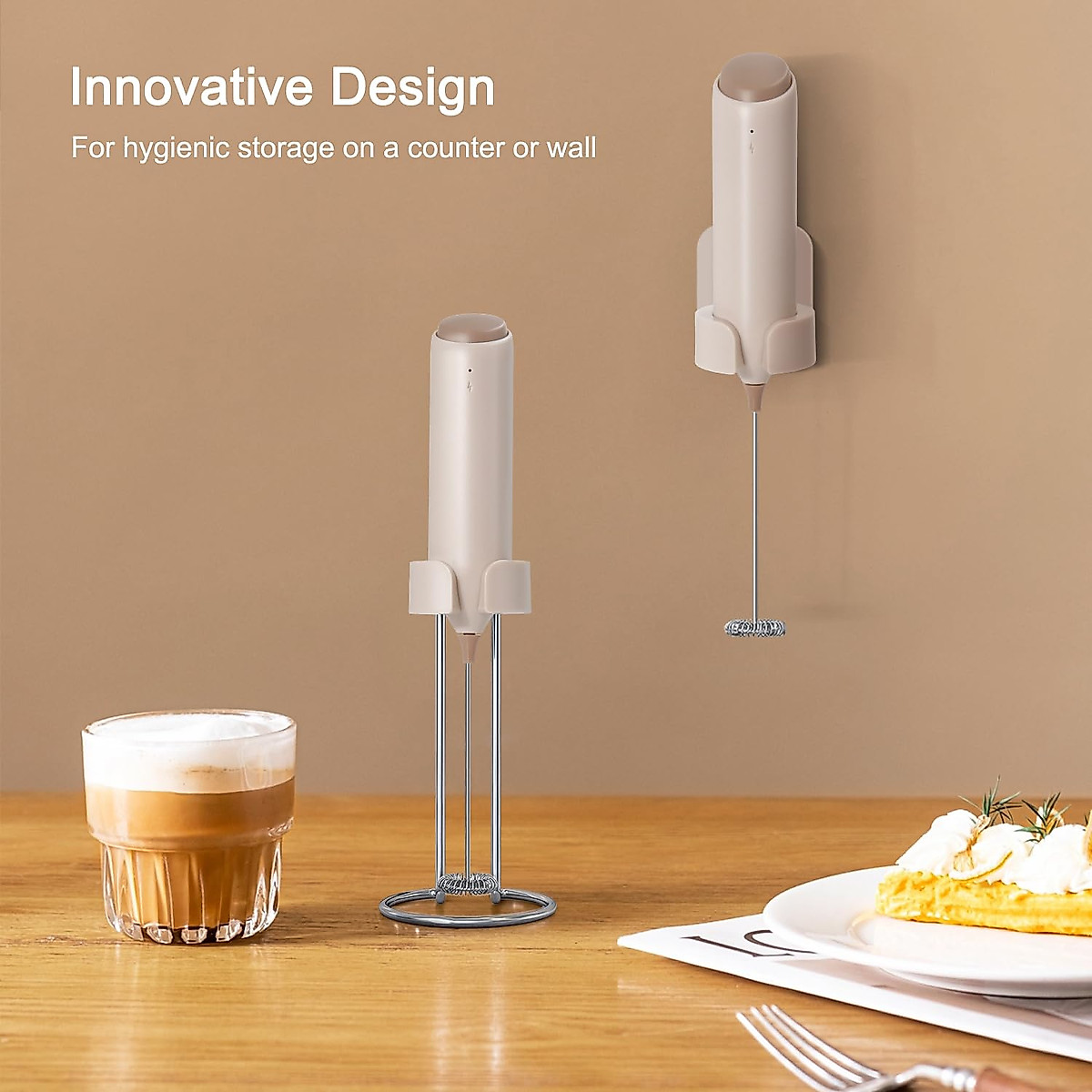 ELMWAY Powerful Electric Milk Frother Set, Rechargeable Drink Blender with Stand/Base, Foam Maker Mixer, Handheld Milk Frother for Coffee, Cappuccino, Latte, Matcha, Protein Powder - Beige