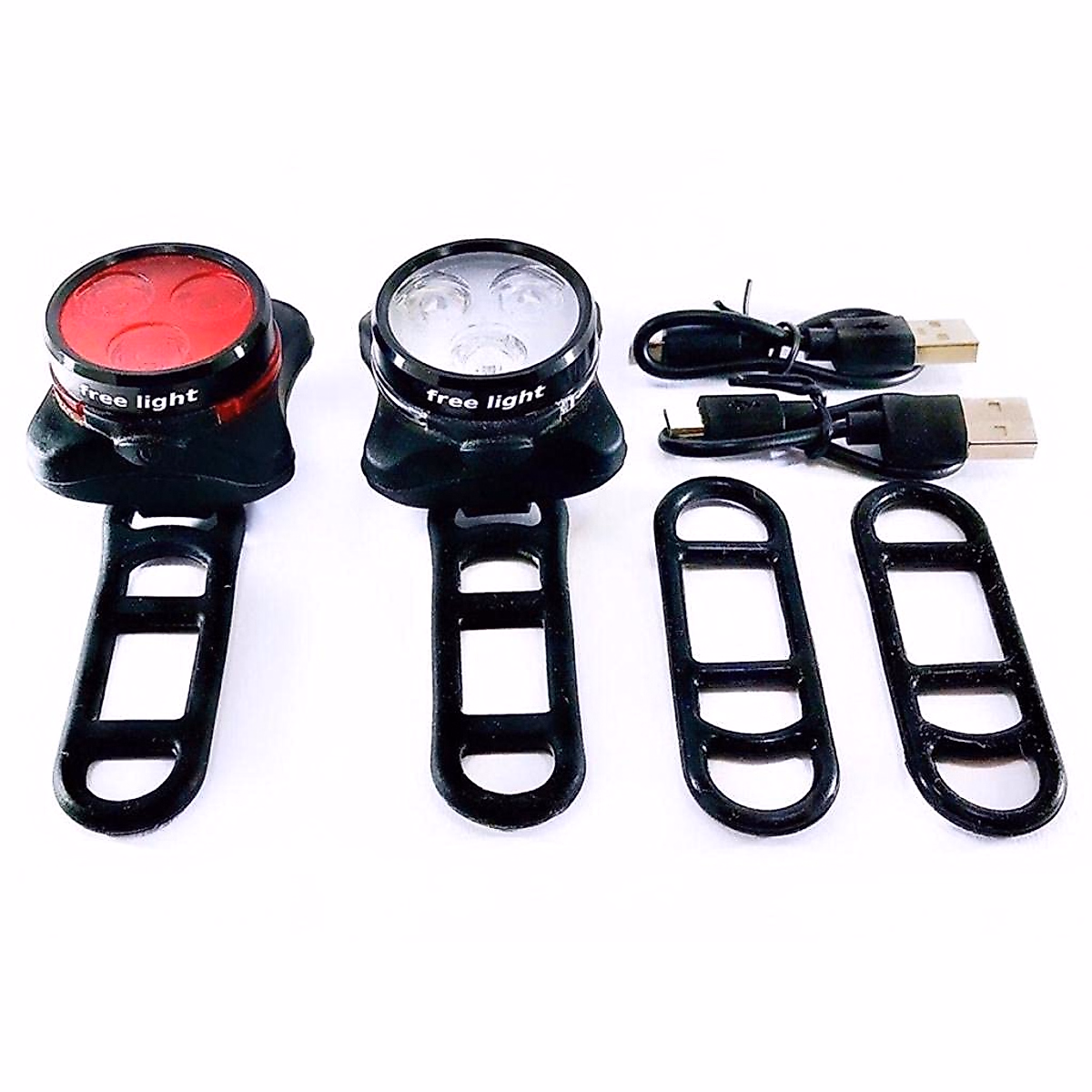 FREE LIGHT LED Bicycle Lights, Front and Rear Bike Lights Set, Black Aluminum Alloy and Durable Plastic, 4 Light Functions, 2 USB Cables Included and 4 Straps.