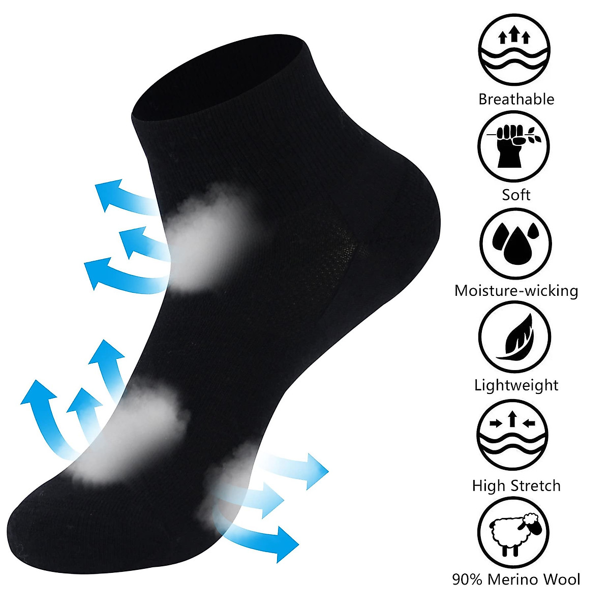 RTZAT 90% Merino Wool Ankle Men's Women's Athletic Business Casual Running Moisture Wicking Everyday Thin Wool Socks, Large, Black, 3 Pairs