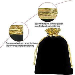 HRX Package 10pcs Velvet Bags with Drawstrings 5x7 inch, Black Gold Cloth Gift Pouches Baggies Sacks for Jewelry Dice Party Favor