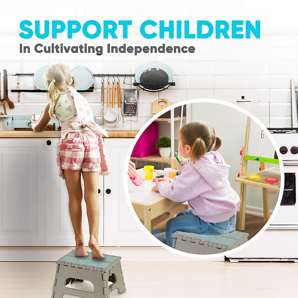 BLACK+DECKER 9'' Folding Step Stool, Foldable Collapsible Step Stools for Adults Holds Up to 330 lbs, Compact Non-Slip Surface with Carry Handle for Kitchen, Bedroom, Garden, Bathroom, Gray/Teal