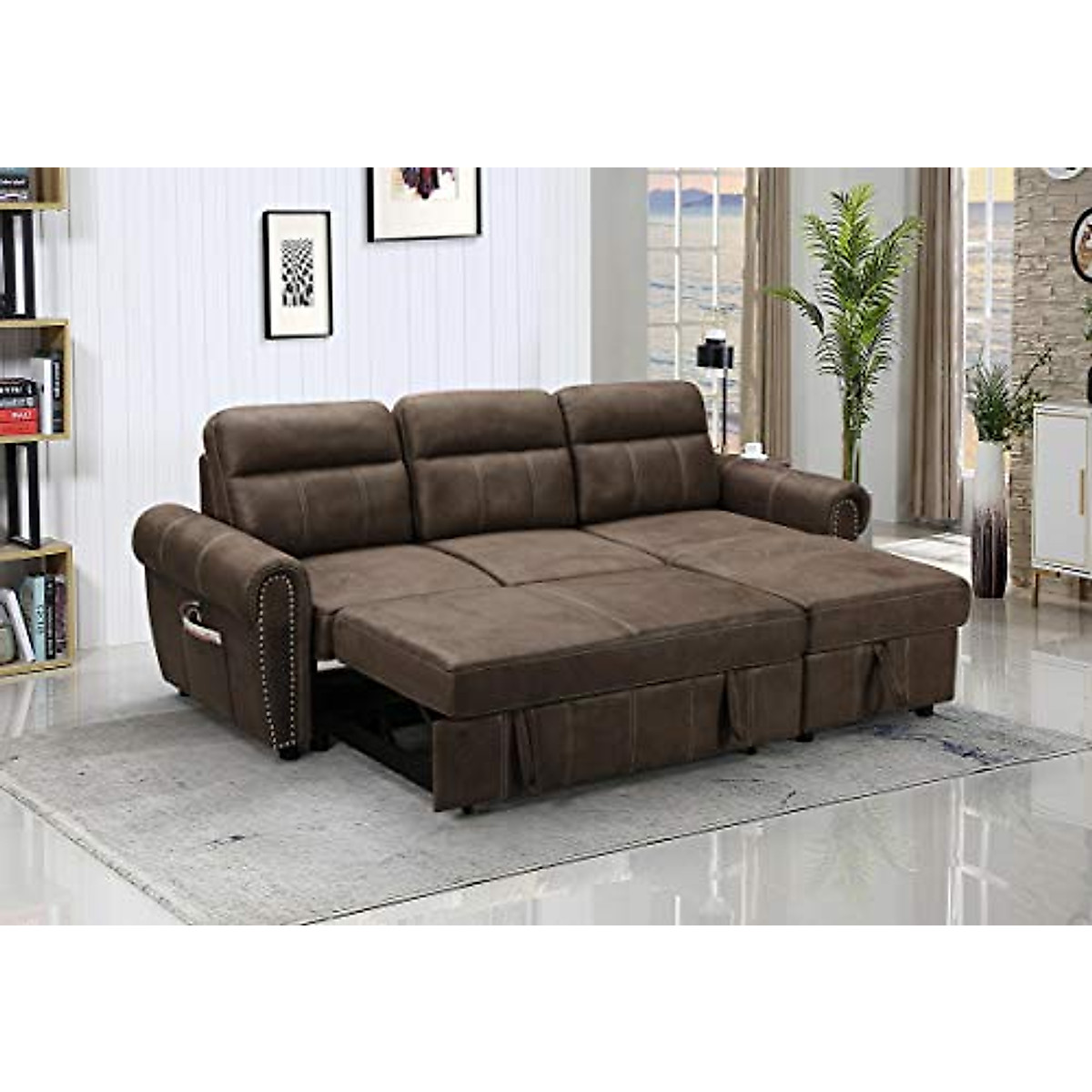ERYE L-Shaped Oversized Reversible Convertible Tufted Sleeper Sectional Sofa with Pull Out Sleeper Couch Bed,USB Ports, Nailhead Decor Armrests and Storage Chaise for Living Room