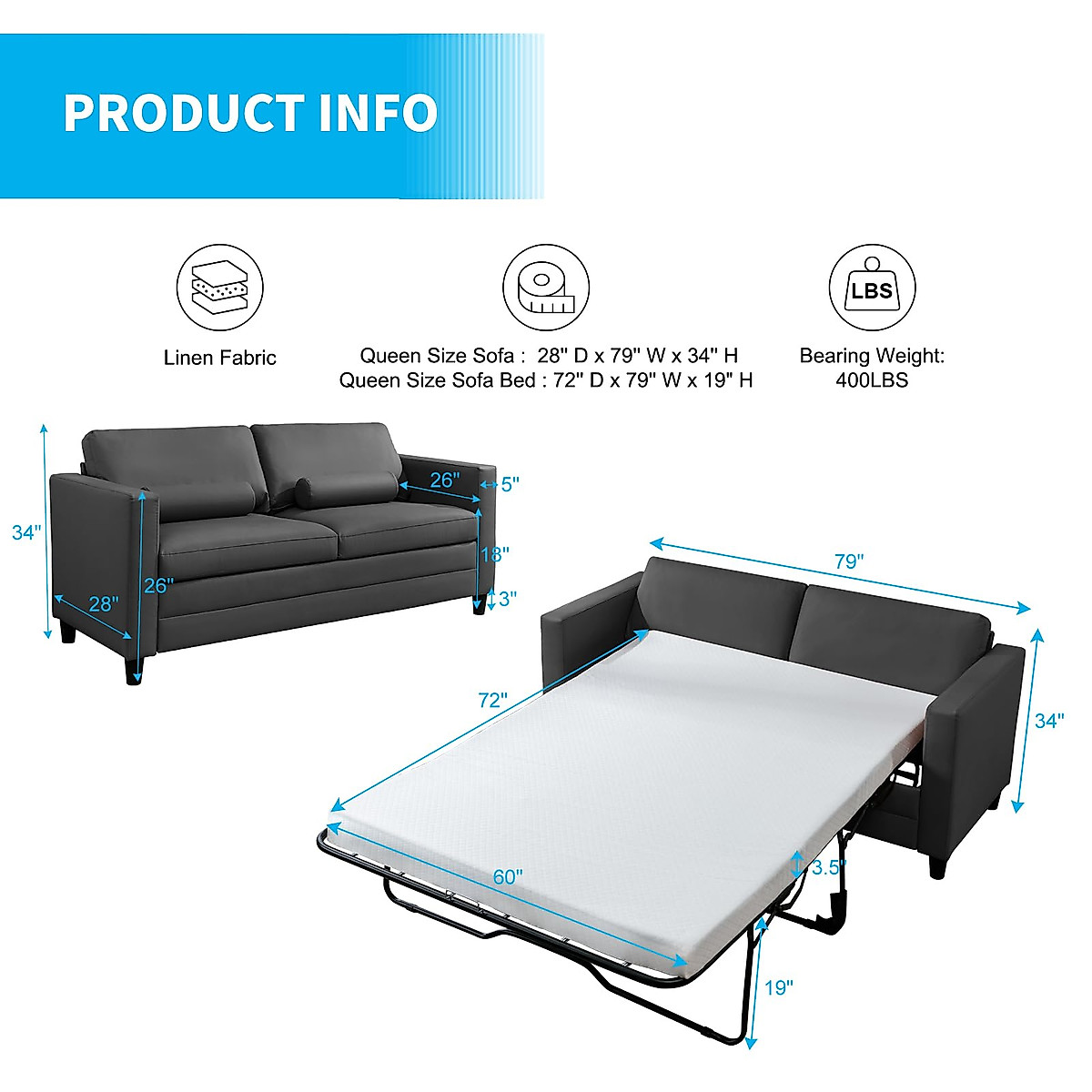 ADOWORE Queen Pull Out Sofa Bed, 2-in-1 Convertible Sleeper Sofa with Mattress, Leather Sofa Bed Couch with Metal Frame, Large Sofa Sleeper Pullout Couch Bed for Living Room Office