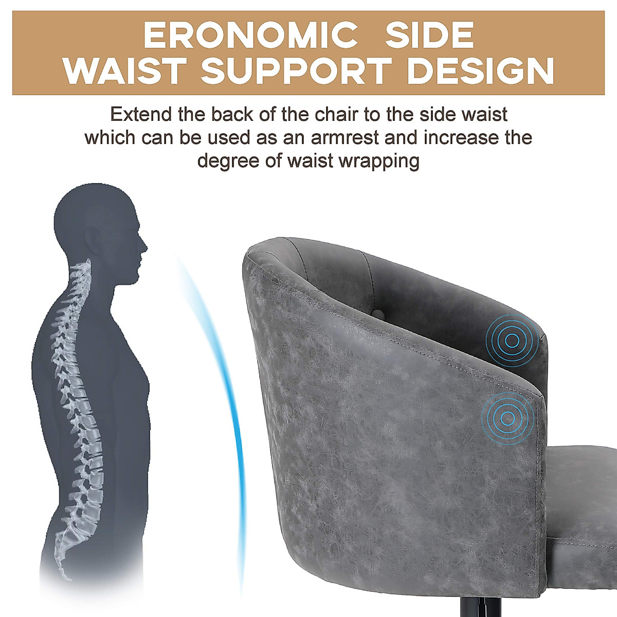 ALPHA HOME Swivel Bar Stool Adjustable Airlift Counter Height Bar Stool Kitchen Dining Cafe Hydraulic PU Leather Bar Chair with Padded Back and Chromed Metal Base, Grey.1PC