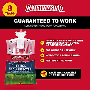 Catchmaster Pro Series Fly Bag 8-Pack, Hanging Fly Trap Outdoor Home, Bug Catcher and Flying Insect Trap with Premium Fly Bait, Pet Safe Pest Control, XL Bag for Backyard, Pool, Patio & Camping