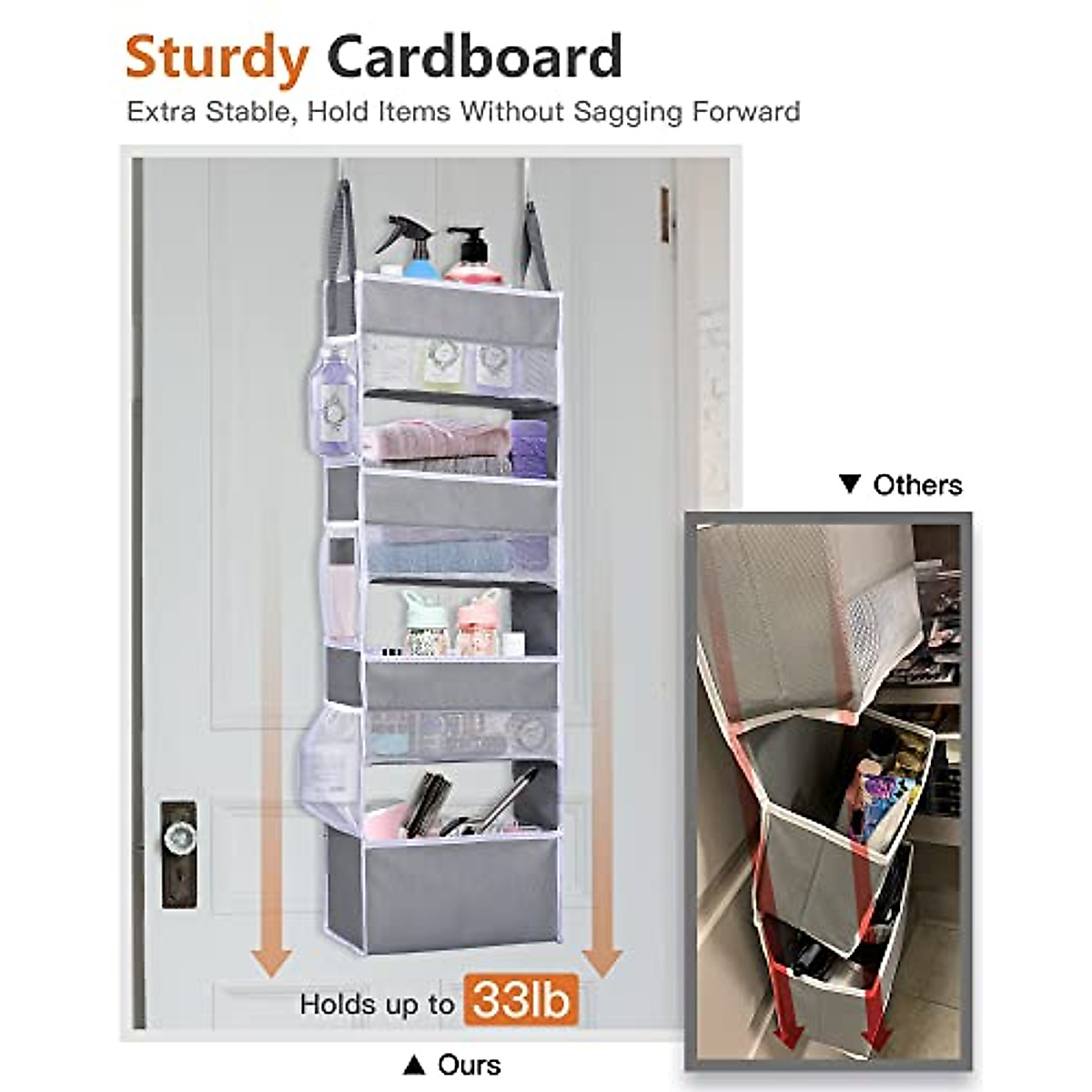 ULG 1-Pack Over Door Organizer with 5 Large Pockets 10 Mesh Side Pockets, 44 lbs Weight Capacity Hanging Storage Organizer with Clear Window for Bedroom Nursery, Kids Toys, Shoes, Diapers, Dark Grey