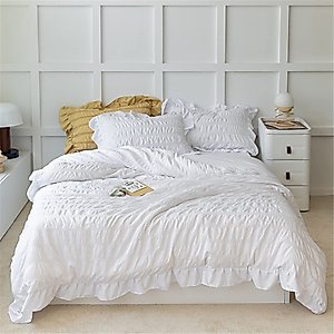 SOUKECHY White Ruffled Bedding-2 Pieces Twin Seersucker Duvet Cover Textured Stripe Style, Soft Lightweight, Washed Microfiber, Zipper Closure and Ties