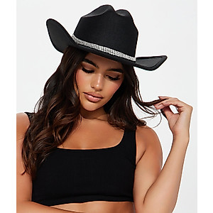 Women & Men Felt Western Cowboy Hat Classic Roll Up Brim Belt Buckle Cowgirl Fedoras (M-L)